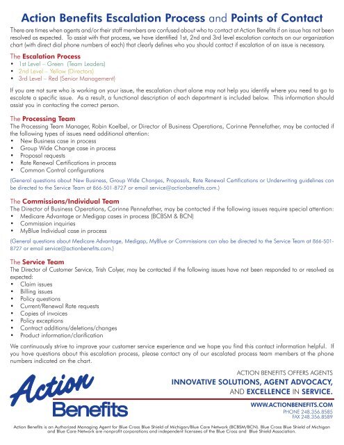 Action Benefits Escalation Process and Points of Contact