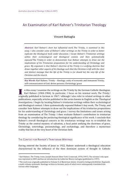 An Examination of Karl Rahner's Trinitarian Theology - Australian ...
