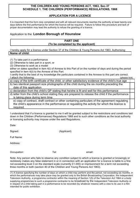 Performance licence for children - application form