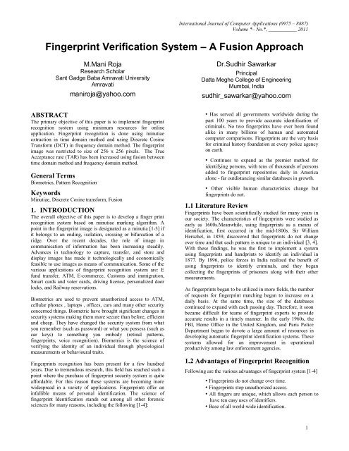 Fingerprint Verification System – A Fusion Approach - International ...