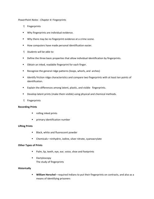 PowerPoint Notes - Chapter 4: Fingerprints Fingerprints Why ...