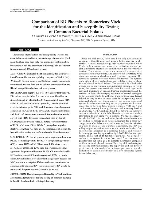 Comparison of BD Phoenix to Biomerieux Vitek for the Identification ...