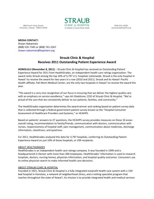 Straub Clinic & Hospital Receives 2011 Outstanding Patient ...