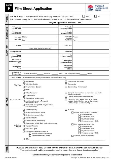 Film Shoot Application (Form F) - RTA