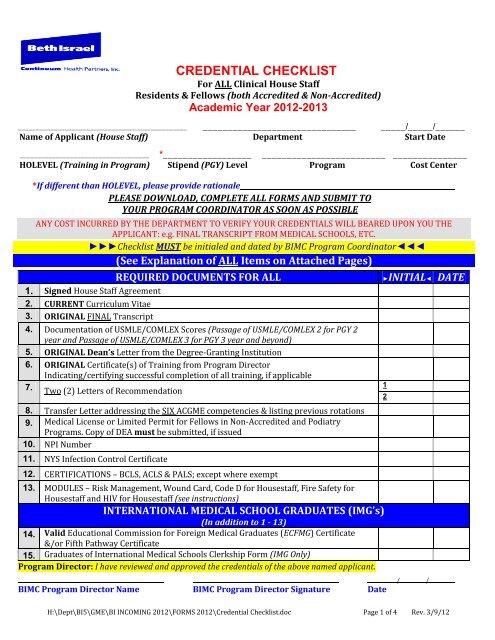 CREDENTIAL CHECKLIST - Beth Israel Graduate Medical Education