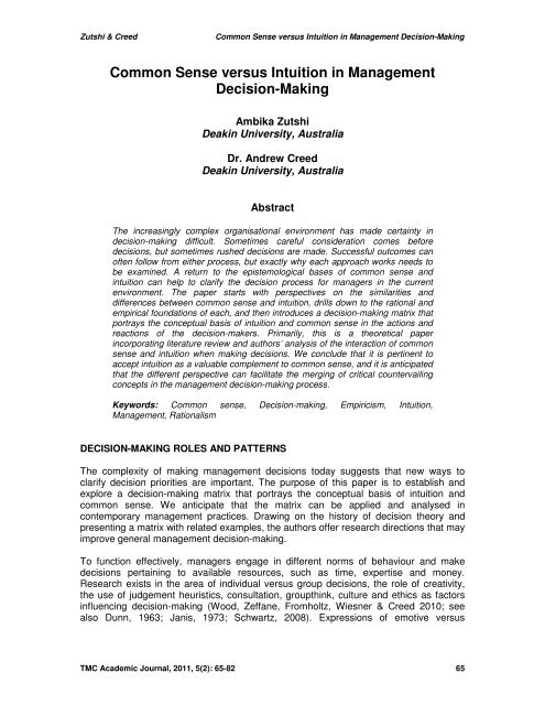 Common Sense versus Intuition in Management ... - TMC Academy