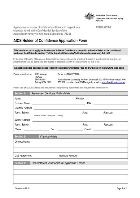 AICS Holder of Confidence Application Form - NICNAS