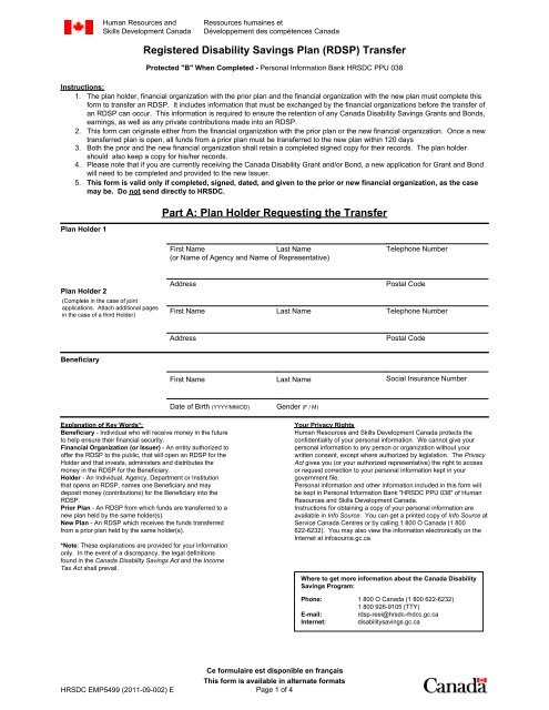 Registered Disability Savings Plan (RDSP) Transfer - Service Canada