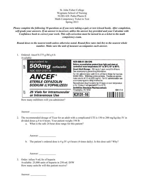 Math Competency Ticket to Test [pdf] - St. John Fisher College