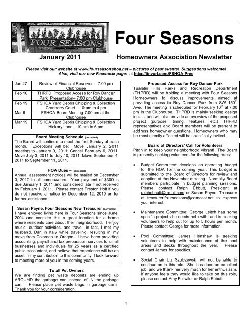 Newsletter January 2011 - Four Seasons Homeowners Association