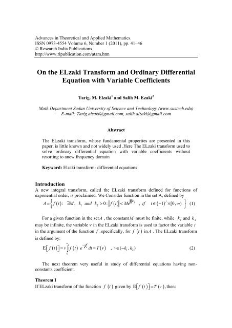 On The Elzaki Transform And Ordinary Differential Equation With