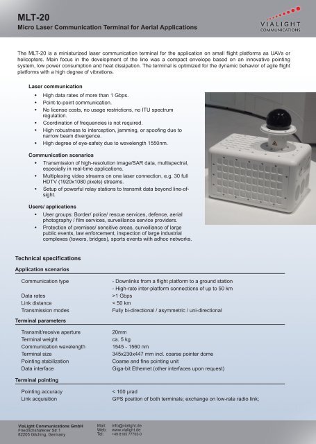 MLT-20: Micro Laser Communication Terminal for Aerial - VLC
