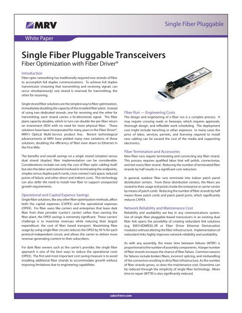 Single Fiber Pluggable Transceivers — PDF - MRV Communications