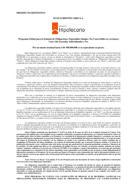 PROSPECTO DEFINITIVO BANCO HIPOTECARIO S.A. Programa ...