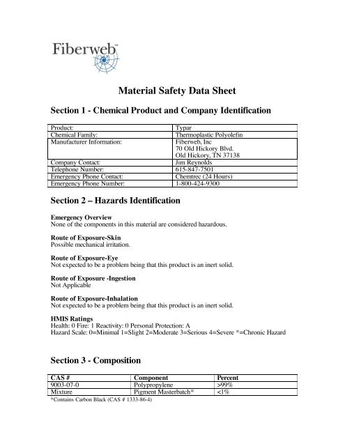 Material Safety Data Sheet (MSDS) - Fiberweb - TYPAR Geotextiles