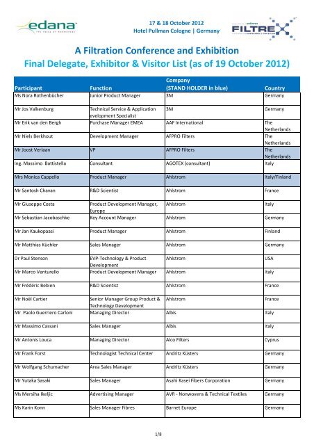 Final Delegate, Exhibitor & Visitor List (as of 19 October 2012) - Edana