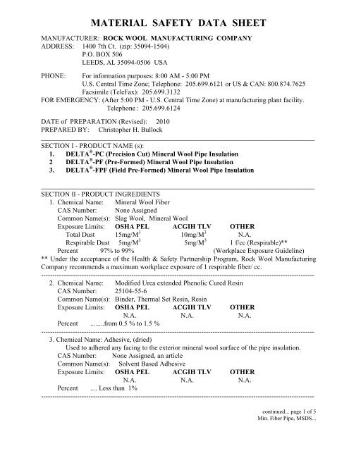 MSDS - Rock Wool Manufacturing Company