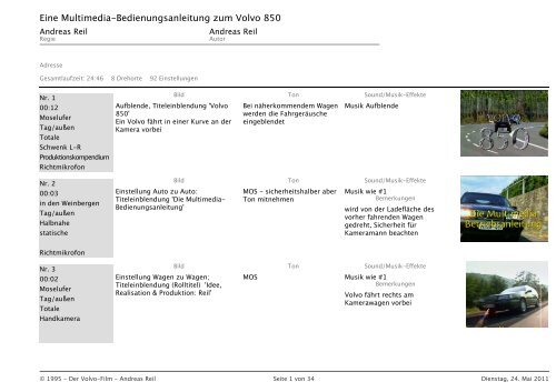 Das Shooting Script zum Volvo Film - Preproduction Tools