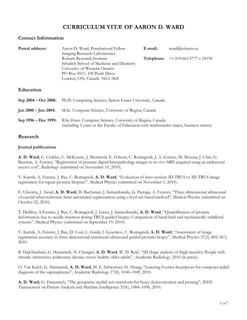 CURRICULUM VITÆ OF AARON D. WARD - Robarts Imaging ...