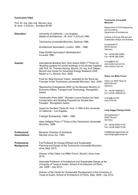Curriculum Vitae Prof. Dr.-Ing. Dipl.-Ing. Werner Lang M. Arch. II ... Curriculum Vitae Prof. Dr.-Ing. Dipl.-Ing. Werner Lang M. Arch. II ...
