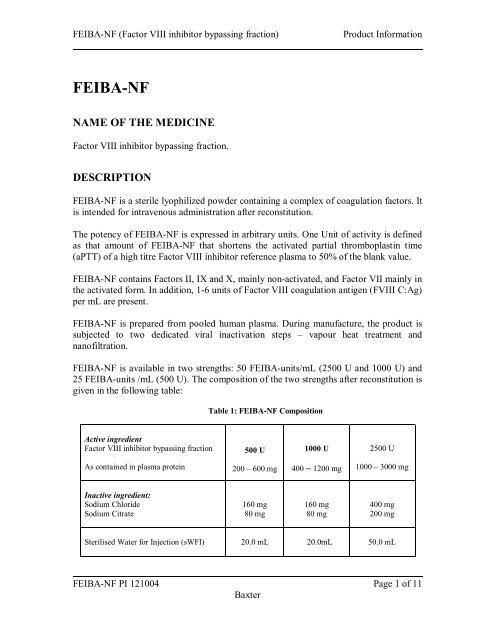 FEIBA NF - Baxter Healthcare