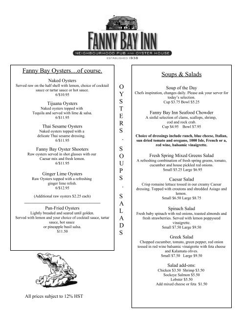 full menu in PDF format - Fanny Bay Inn
