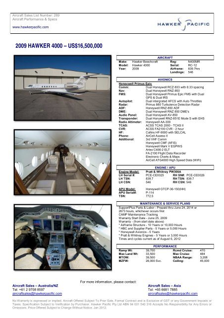 289 HP Aircraft Specification Sheet - Hawker Pacific