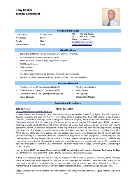 Tony Booker - c.v.