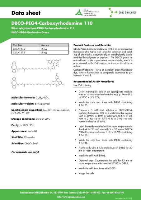 Data sheet DBCO-PEG4-Carboxyrhodamine 110 - Jena Bioscience