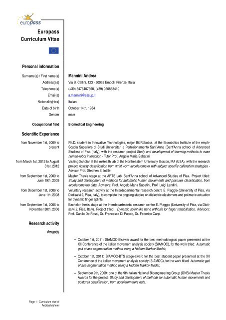 Curriculum vitae, Andrea Mannini - The BioRobotics Institute