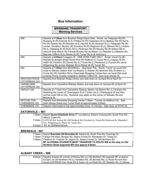 Bus Information - Mount Alvernia College