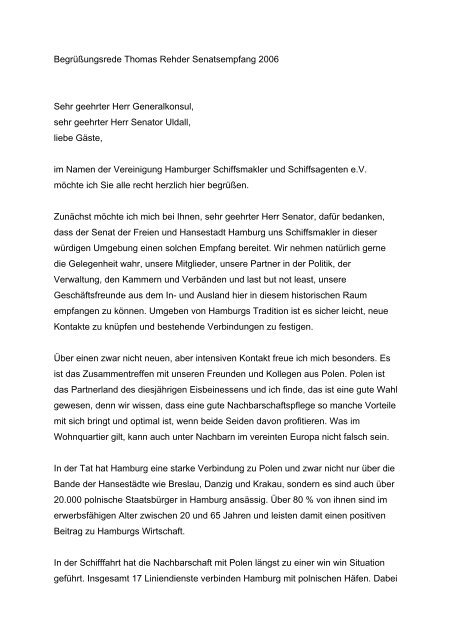 Begrüßungsrede Thomas Rehder Senatsempfang 2006 Sehr ...