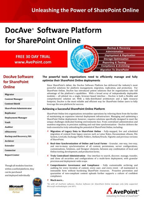 DocAve Software Platform for SharePoint Online - AvePoint