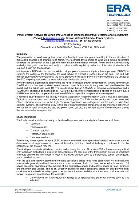 Wind Farm Connection Using ERACS - ERA Technology Ltd.