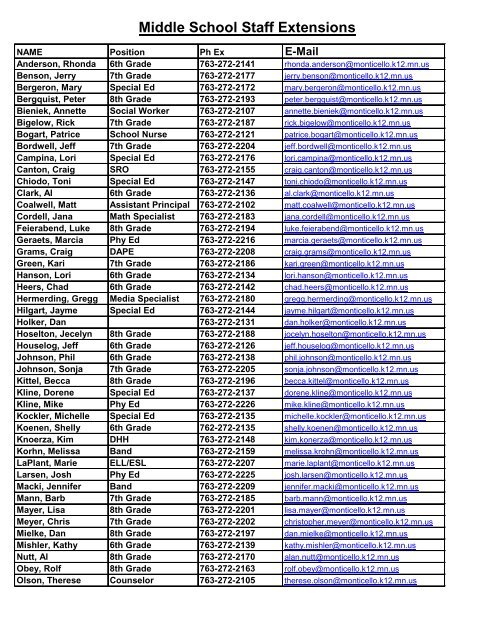 Middle School Staff Extensions - Monticello Middle School
