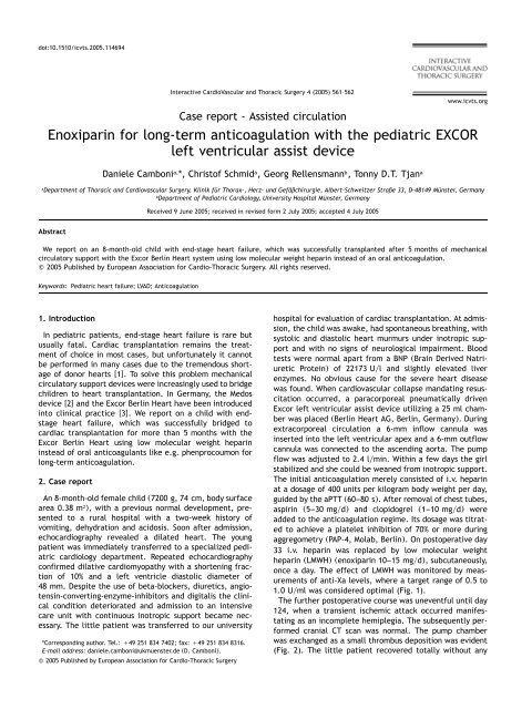 Enoxiparin for long-term anticoagulation with the pediatric EXCOR ...