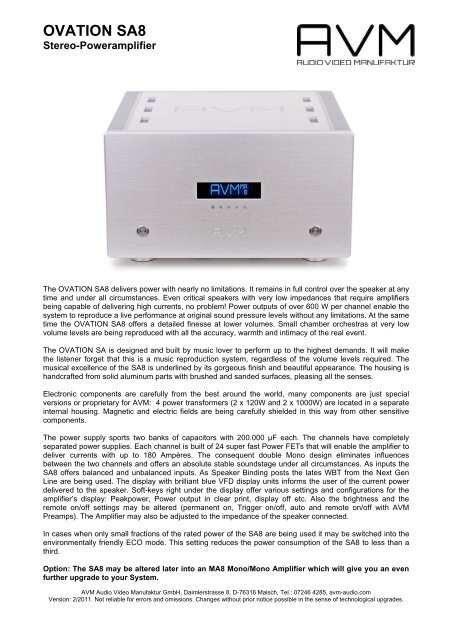 OVATION SA8 - AVM Audio