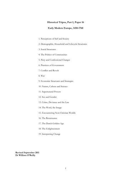 Historical Tripos, Part I, Paper 16 Early Modern Europe, 1450-1760