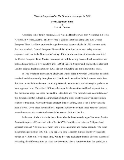 Local Apparent Time - Kenneth Bowser - Western Sidereal Astrology