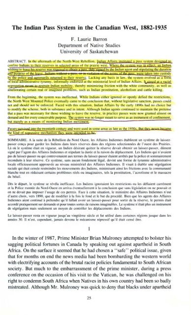 The Indian Pass System in the Canadian West, 1882-1935 ...