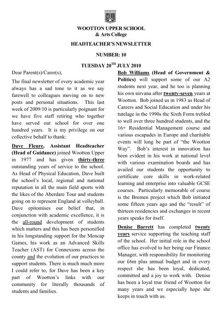 July 10 - Wootton Upper School & Arts College