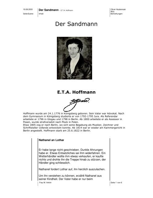 ETA Hoffmann - Der Sandmann - ensaios sobre literatura do medo