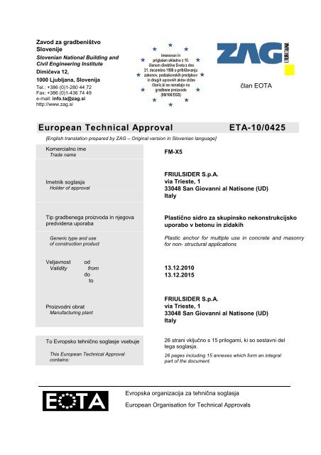 European Technical Approval ETA-10/0425 - Etanco
