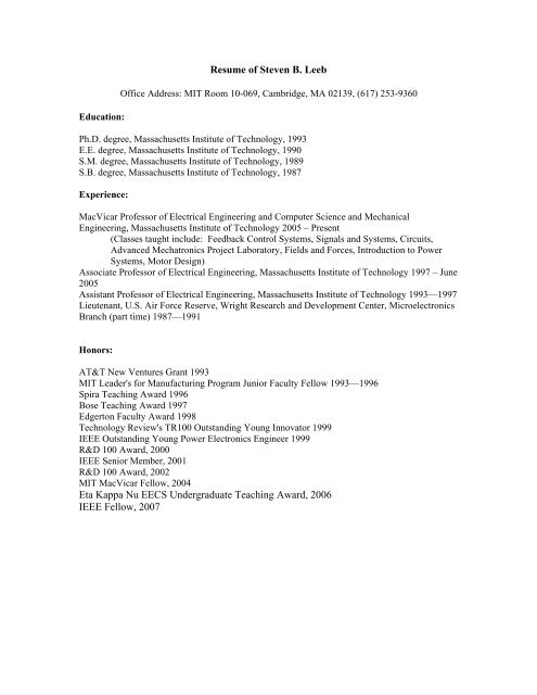 Resume of Steven B. Leeb Eta Kappa Nu EECS Undergraduate ...