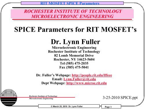 SPICE Parameters for RIT MOSFET's Dr. Lynn Fuller - People ...