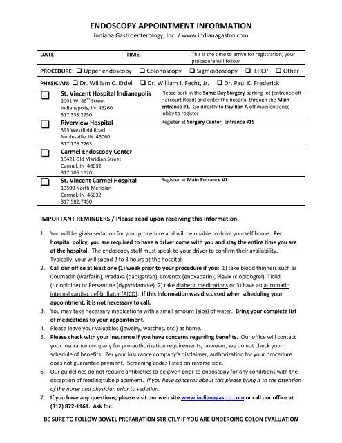 Endoscopy Appointment Letter - Indiana Gastroenterology, Inc.