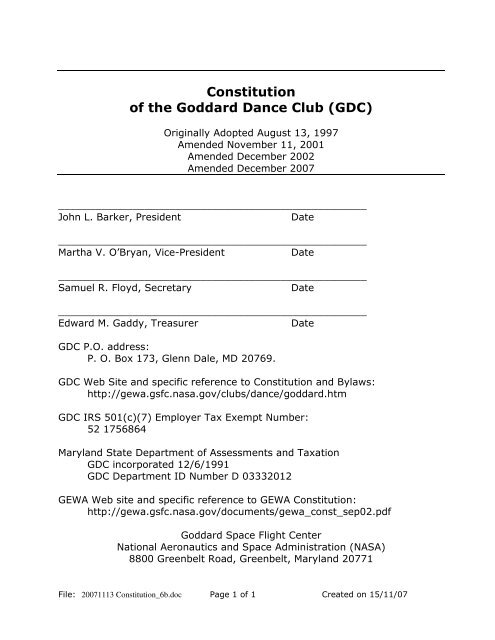 Constitution of the Goddard Dance Club (GDC) - GEWA - NASA