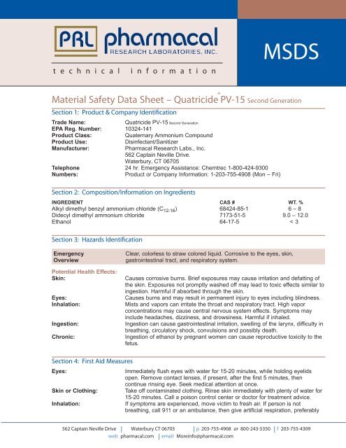 MSDS QuatPV15-1 - Pharmacal Research Laboratories Inc.