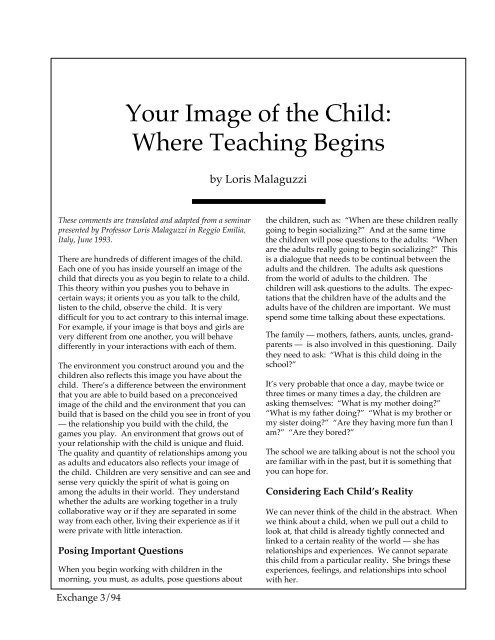 Your Image of the Child: Where Teaching Begins