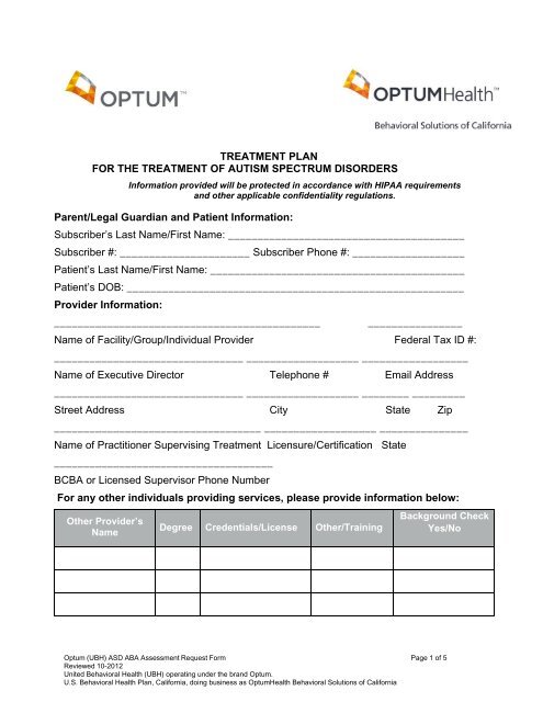 Initial Treatment Plan UBHonline